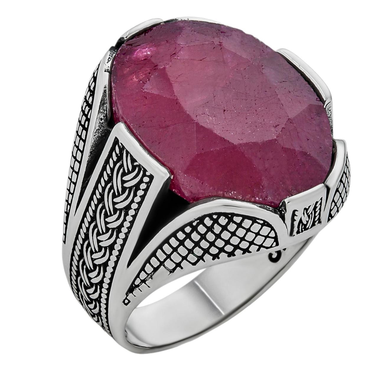925 Silver - Genuine Ruby Stone Mens Ring | Large Ruby Ring
