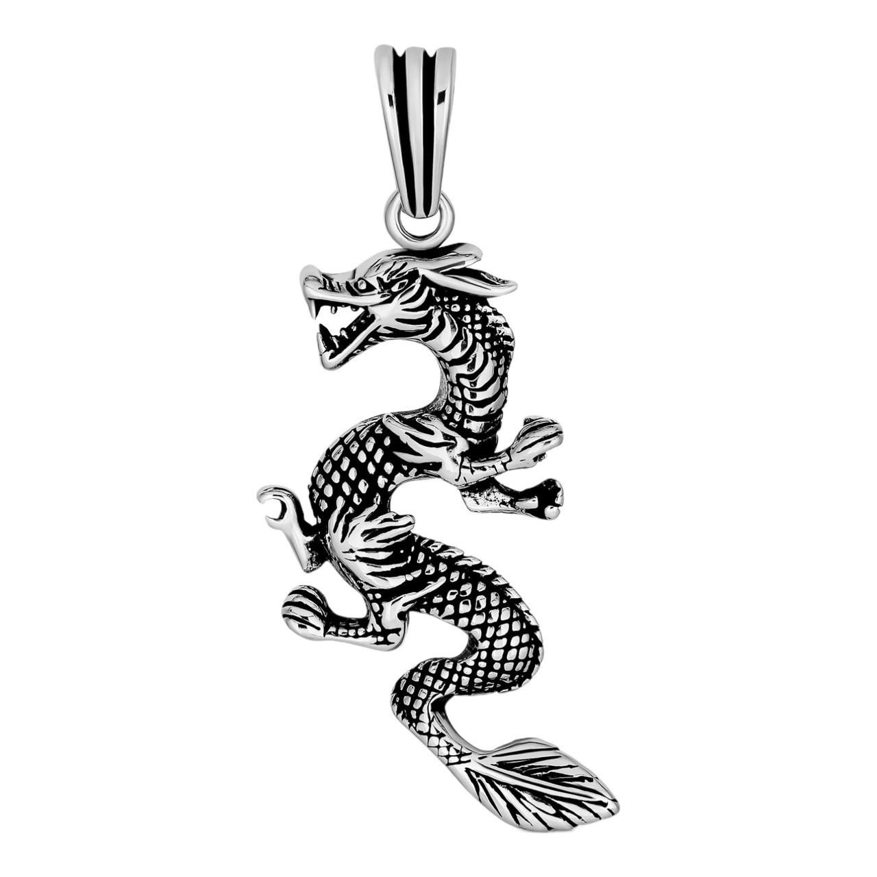 Solid 925 Sterling Silver Chinese Pagan Dragon Mens Pendant W. 22‚Äù Chain