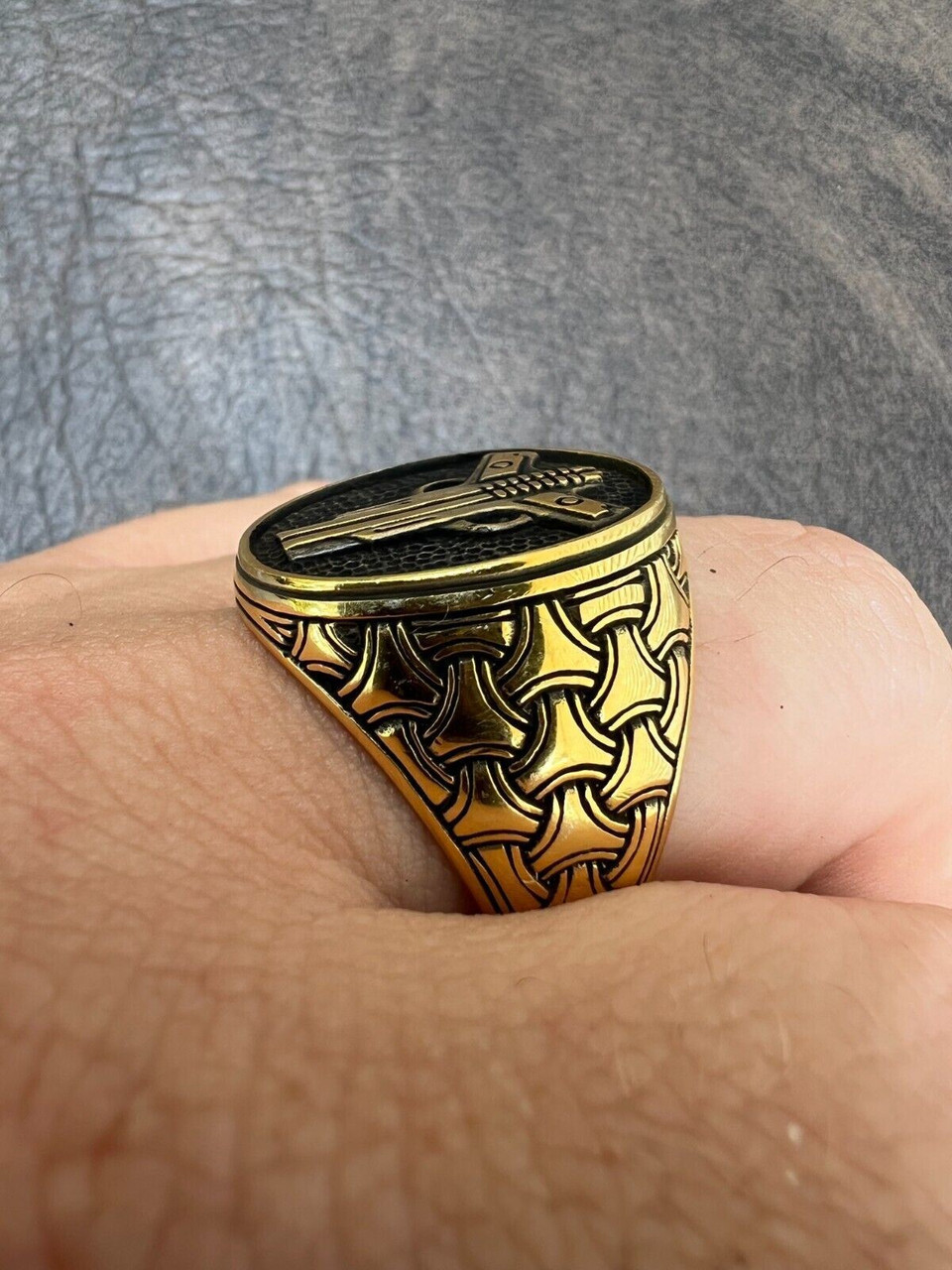 Mens Real 14K Gold Plated 925 Sterling Silver Double Guns Pistols ...