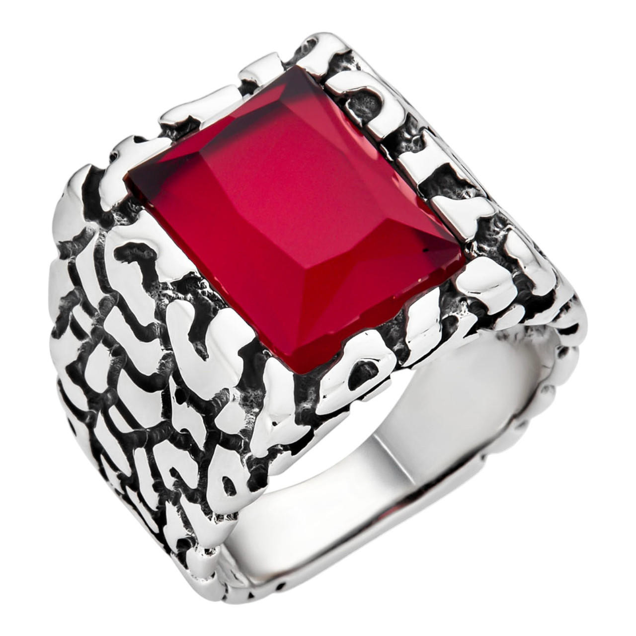925 Sterling Silver Ruby Red Oval Stone Mens Ring