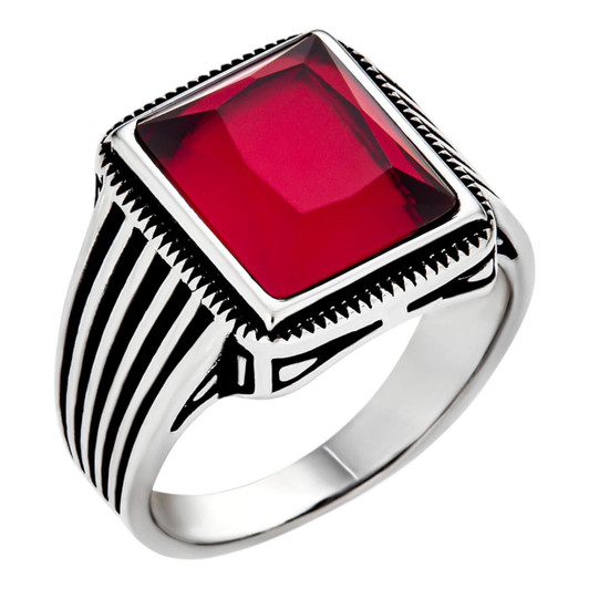 Mens Plain Real 925 Sterling Silver Ruby Red Stone Ring W. Miami Cuban ...