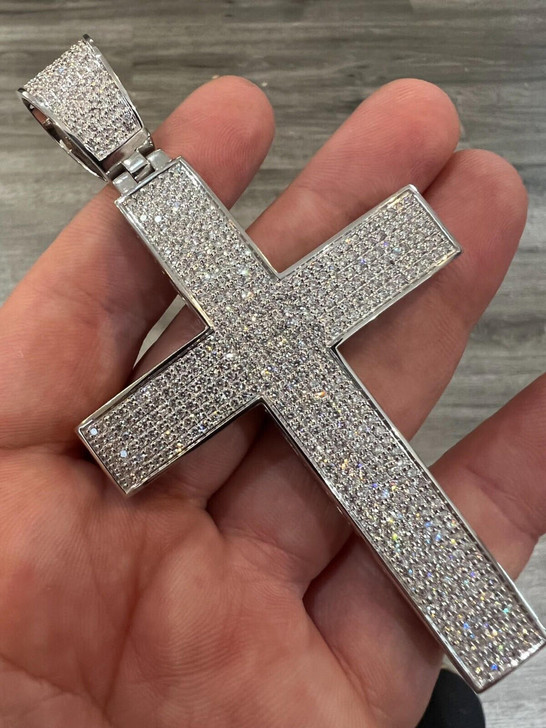 Iced 7ct VVS Real Diamond Huge 4" Solid 925 Silver Gold Cross Pendant ...