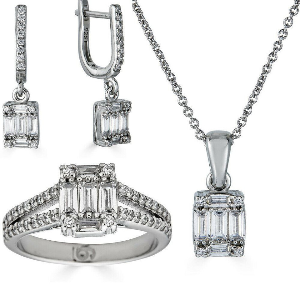 14k Gold Vermeil 925 Silver Baguette Diamond Ring Necklace Earrings ...