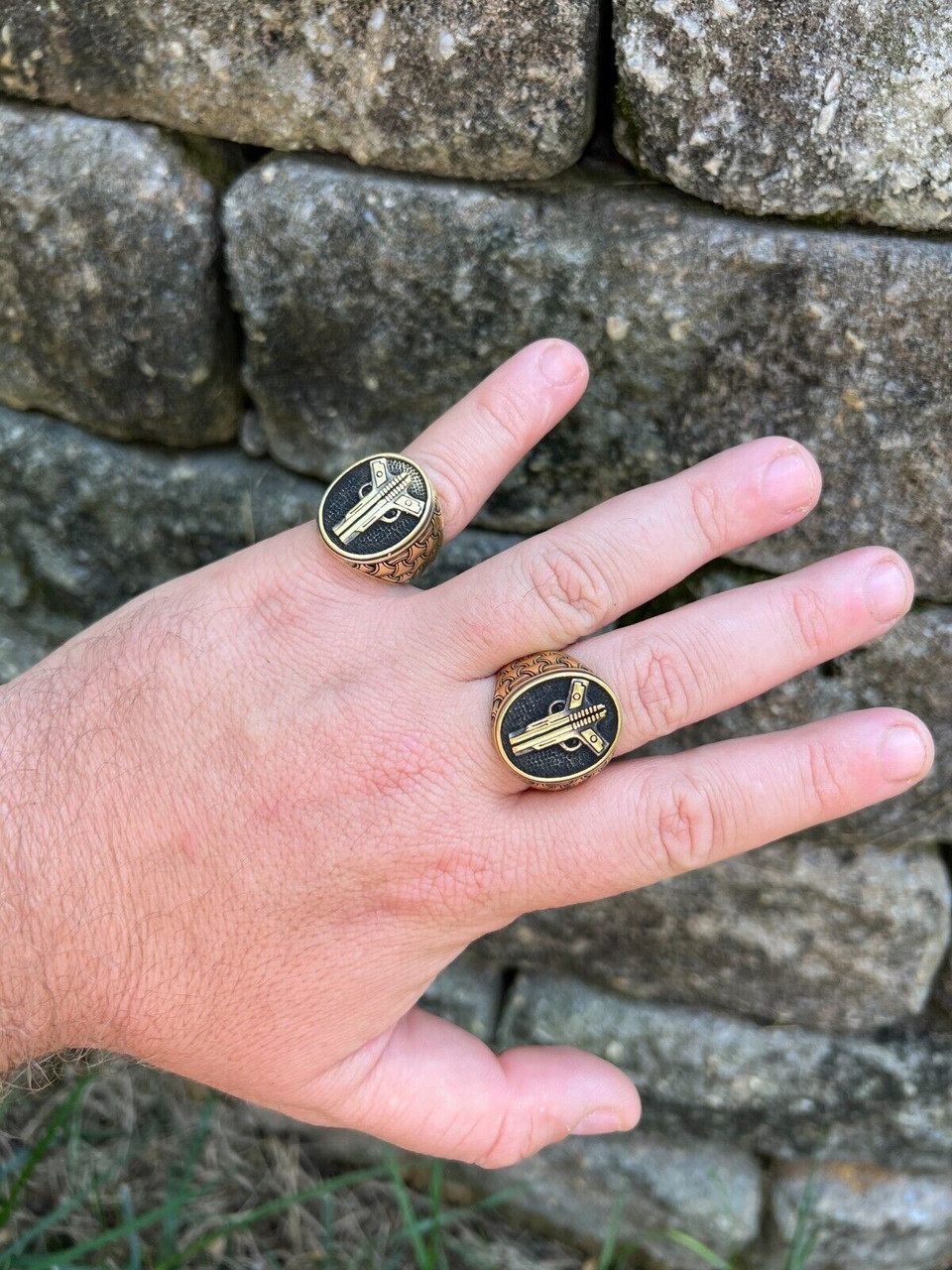 Mens Real 14K Gold Plated 925 Sterling Silver Double Guns Pistols ...