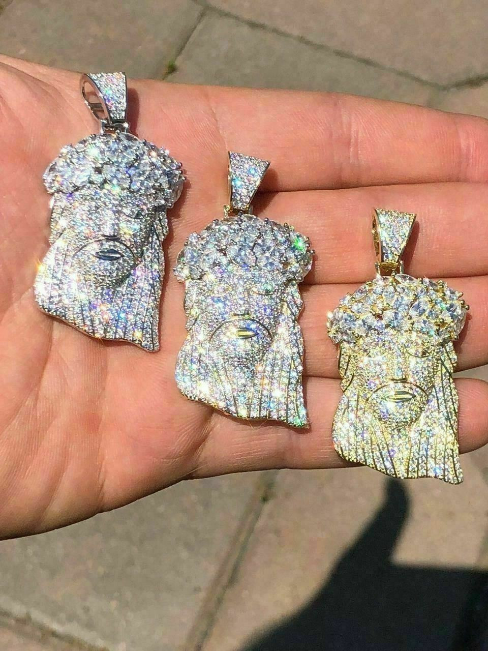 Men's Solid 925 Silver Jesus Piece Pendant FULLY ICED Diamond 14k Gold ...