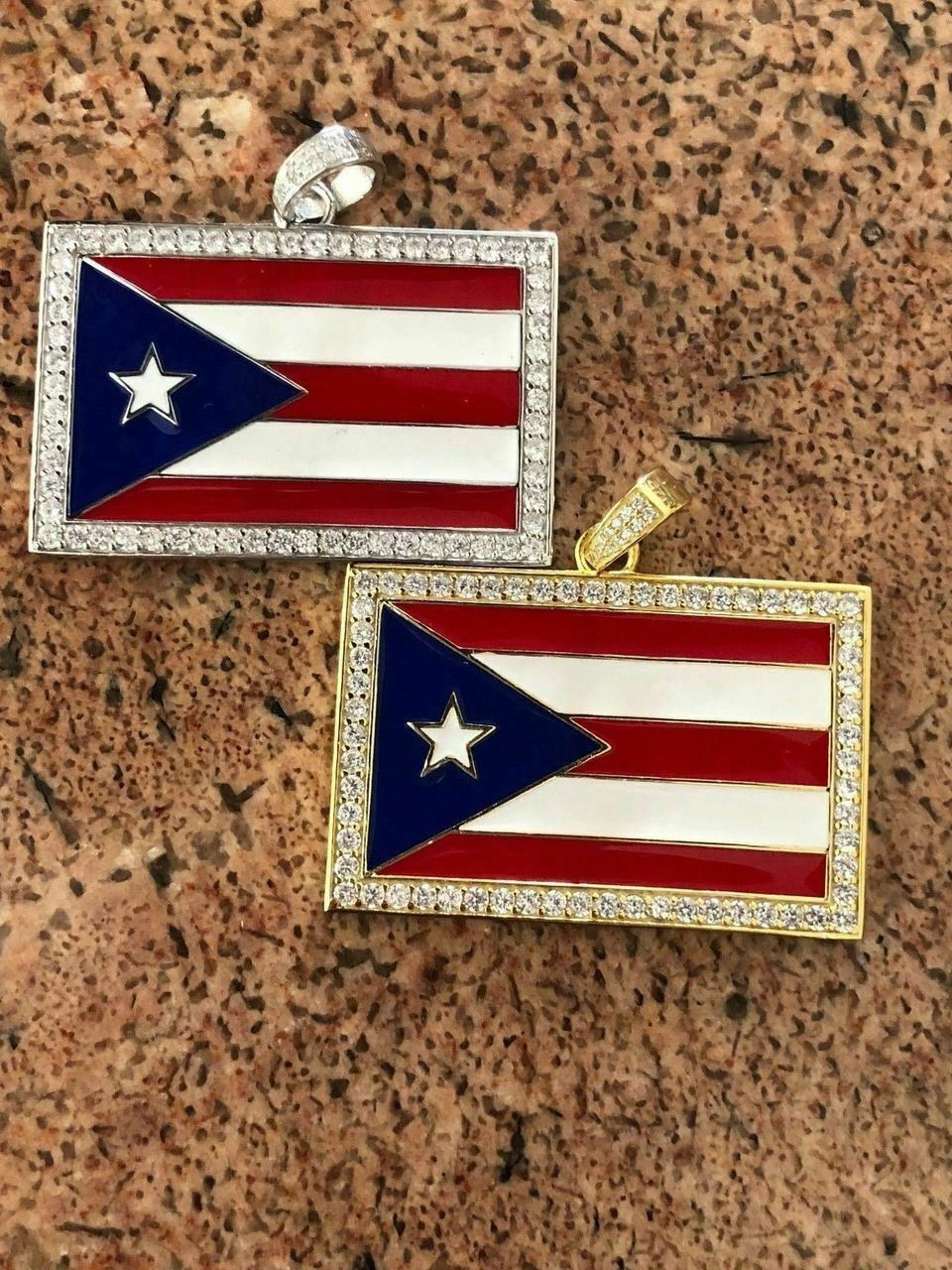 Solid 925 Silver Puerto Rico Flag Pendant 2" Wide BORICUA Rican Chain ...
