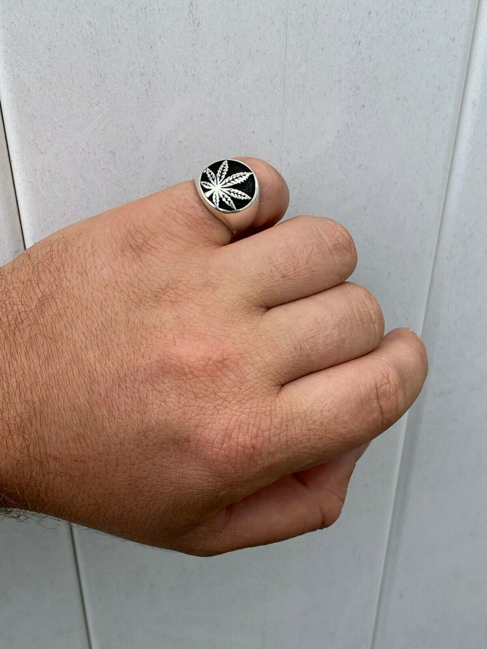 Mens Real Solid 925 Sterling Silver Marijuana Weed 420 Cannabis Ring Sz ...