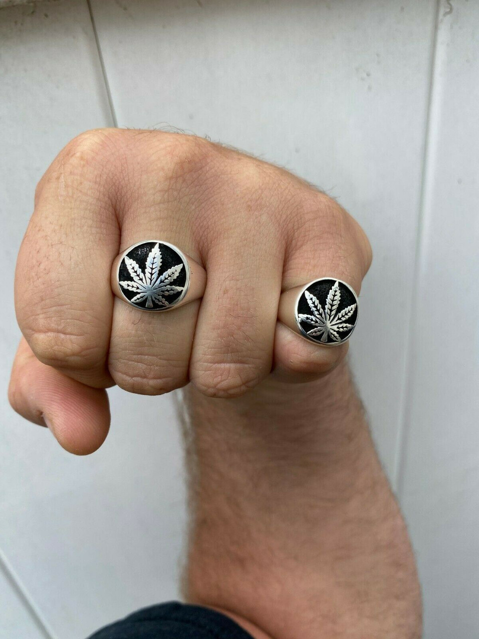 Mens Real Solid 925 Sterling Silver Marijuana Weed 420 Cannabis Ring Sz ...