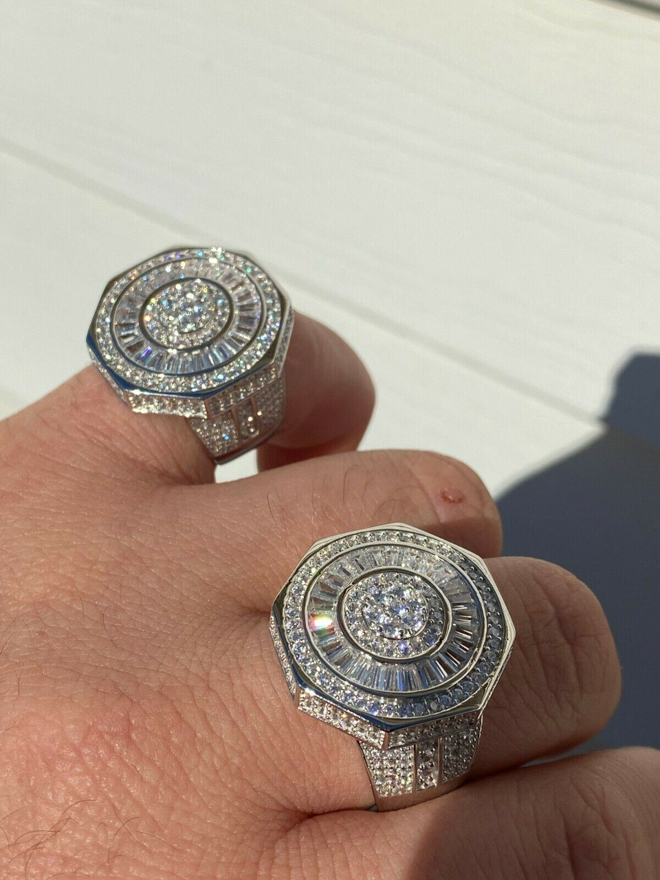 Large Real Solid 925 Sterling Silver Men's Baguette Diamond Pinky Ring ...