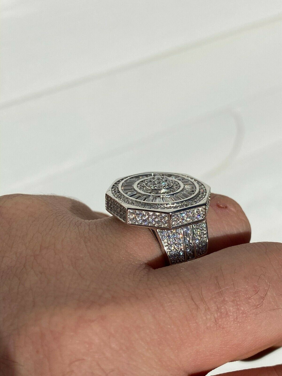 Large Real Solid 925 Sterling Silver Men's Baguette Diamond Pinky Ring ...