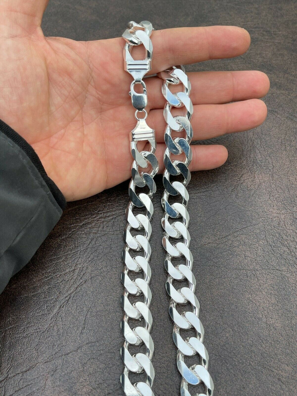 Mens Real Solid 925 Sterling Silver Miami Cuban Link Kilo Chain 17.5mm ...