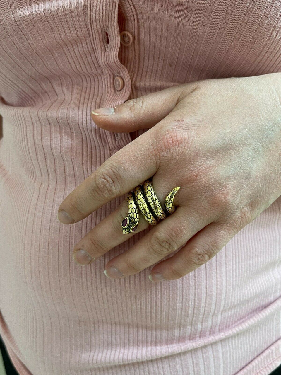 Snake Ring 14K Gold Vermeil 925 Silver Wrap Around Cobra W. Ruby Eyes ...