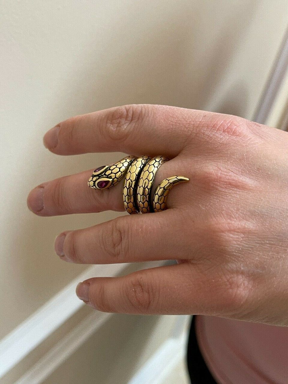 Snake Ring 14K Gold Vermeil 925 Silver Wrap Around Cobra W. Ruby Eyes ...