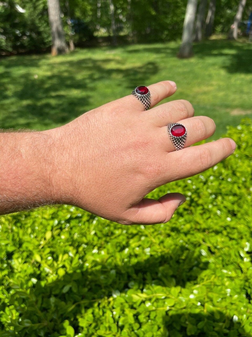 925 Sterling Silver Ruby Red Oval Stone Mens Ring