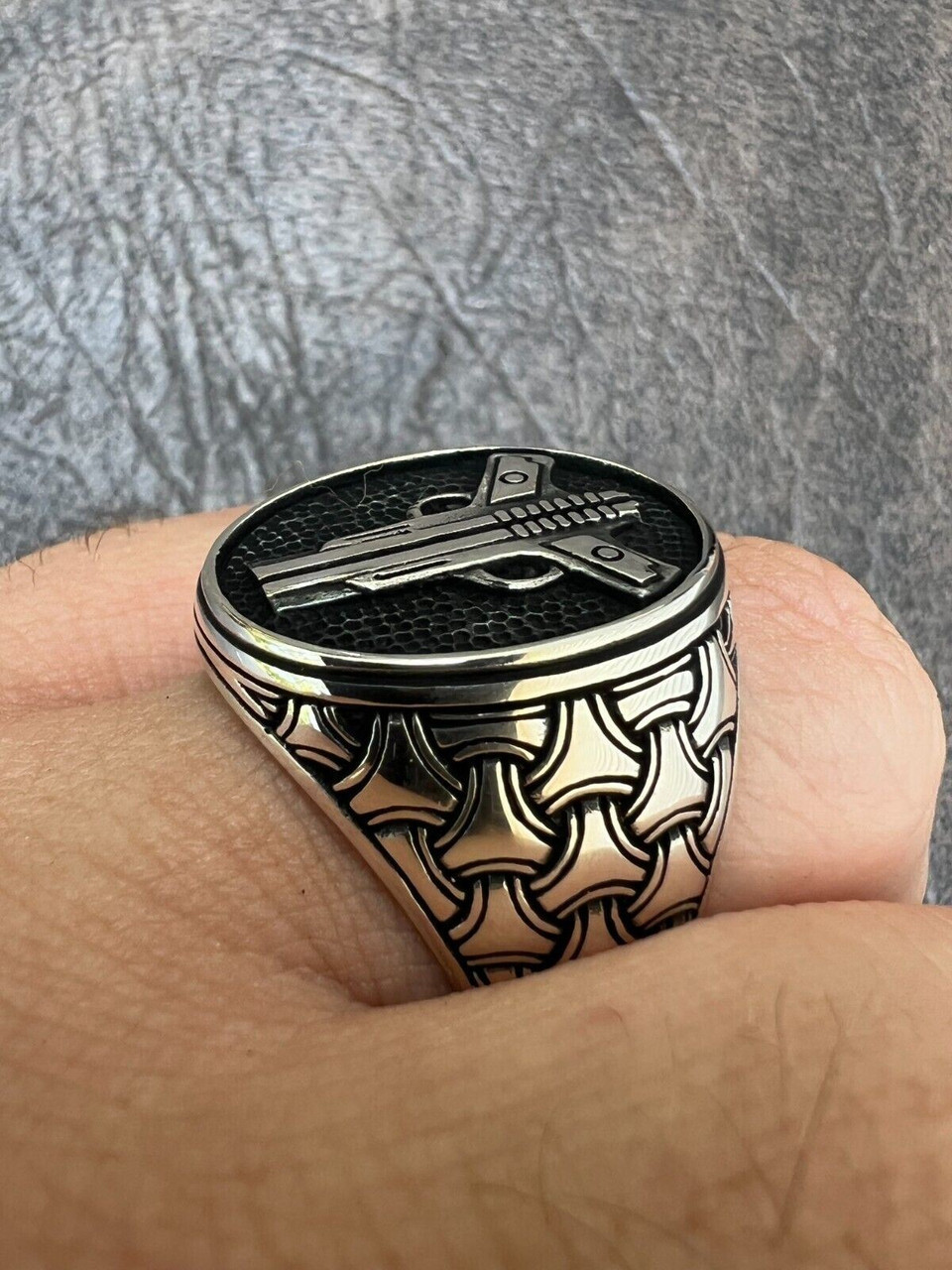 Mens Real Solid 925 Sterling Silver Double Guns Pistols Gangster Ring ...