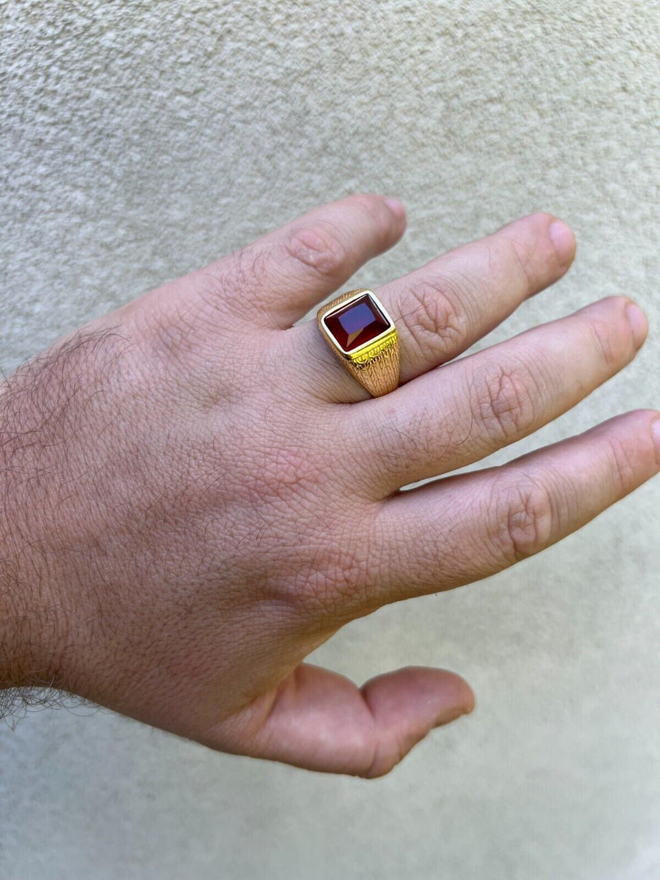 Mens Plain Real 14k Gold Plated 925 Silver Simulated Ruby Red Gem Stone ...