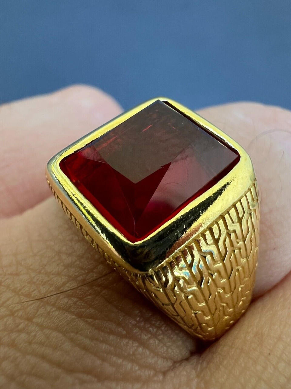 Mens Plain Real 14k Gold Plated 925 Silver Simulated Ruby Red Gem Stone ...