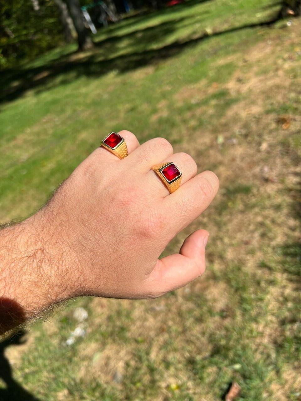 Mens Plain Real 14k Gold Plated 925 Silver Simulated Ruby Red Gem Stone ...