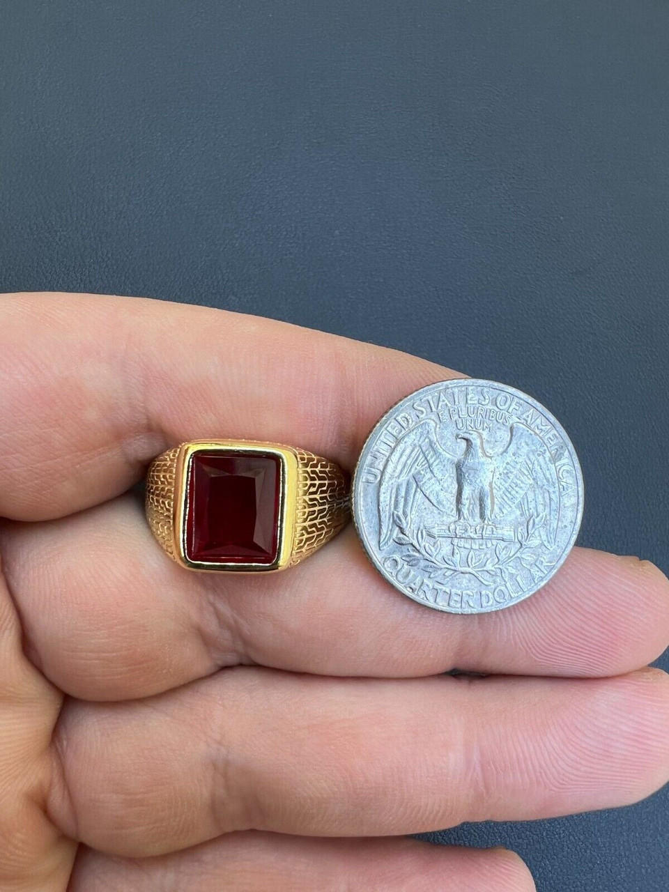 Mens Plain Real 14k Gold Plated 925 Silver Simulated Ruby Red Gem Stone ...