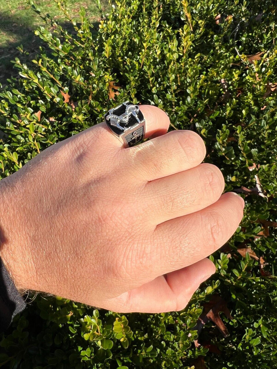 Mens Real 925 Sterling Silver Natural Black Onyx W. Anchor Sailor ...