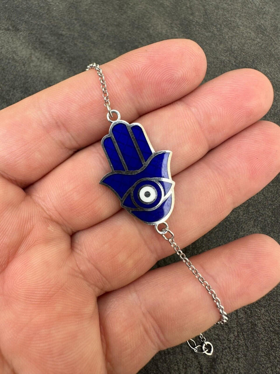 Hamsa Hand Bracelet Solid Real 925 Silver Blue Enamel Evil Eye Charm ...