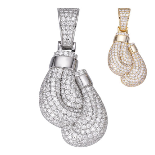 Solid 925 Sterling Silver Hip Hop Boxing Gloves Pendant Necklace Iced ...