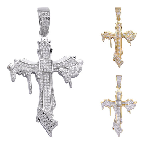 Solid 925 Sterling Silver Dripping Cross Mens Iced Pendant Necklace ...