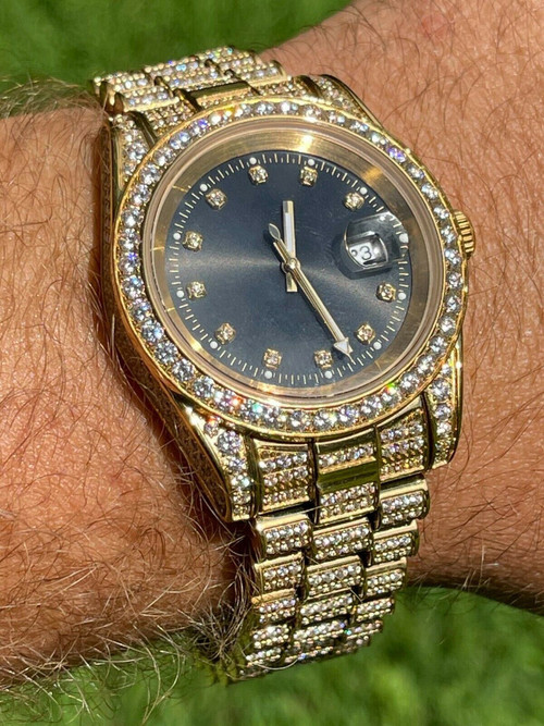 Mens Presidential 14K Gold Over Stainless S. Watch Iced 12ct Flooded Out Diamond
