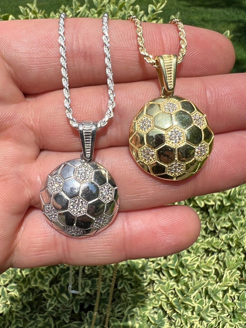 Real 925 Silver 14k Gold Plated Soccer Ball Futbol Pendant Necklace Charm Iced