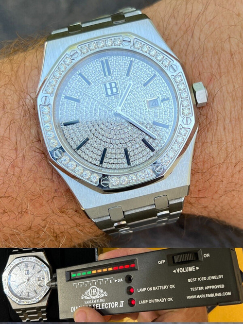 Real Mens Silver Watch Iced Automatic Skeleton Back 44mm Moissanite Hip Hop