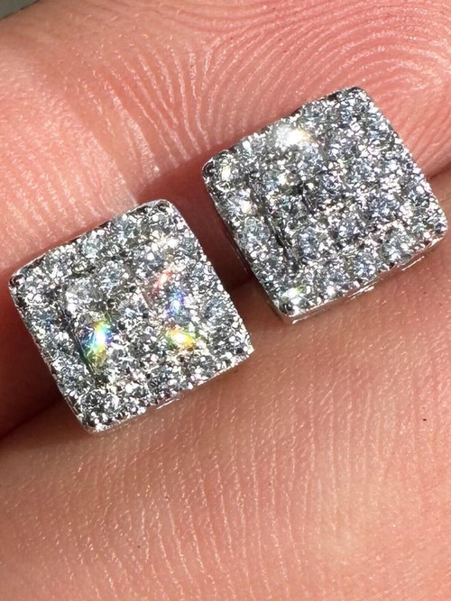 0.62ct VVS Real Diamond Men s Solid 14k White Gold Iced Hip Hop Square Earrings