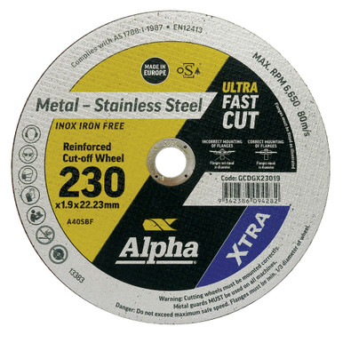 Alpha Cutting Disc - Stainless 230 x 1.9mm XTRA - Trucut New Zealand