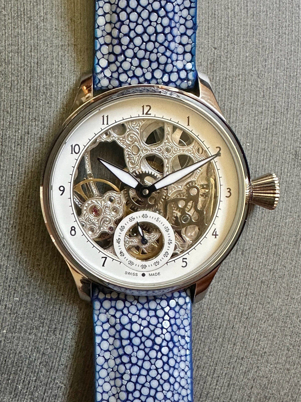 White Skeleton Watch with Blue Stingray Band