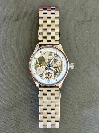 White Skeleton Watch with Stainless Steel Band