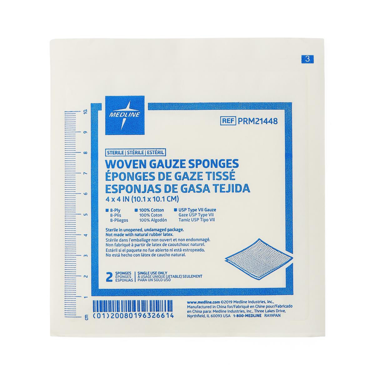 Medline Sterile Gauze Sponges, USP Type VII, 8-Ply, 4" x 4"