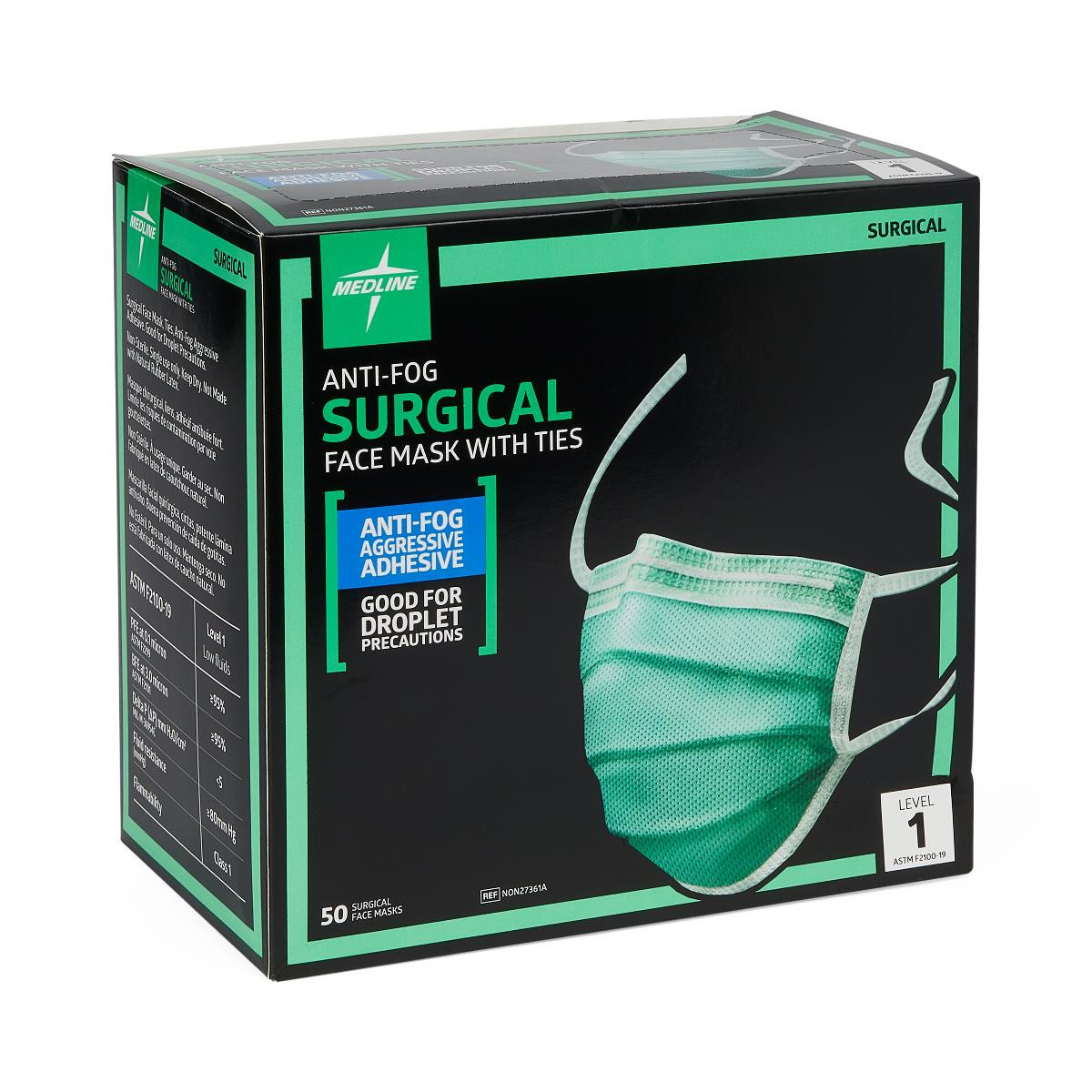 Medline Anti-Fog Surgical Face Mask with Ties, Green, 300/case