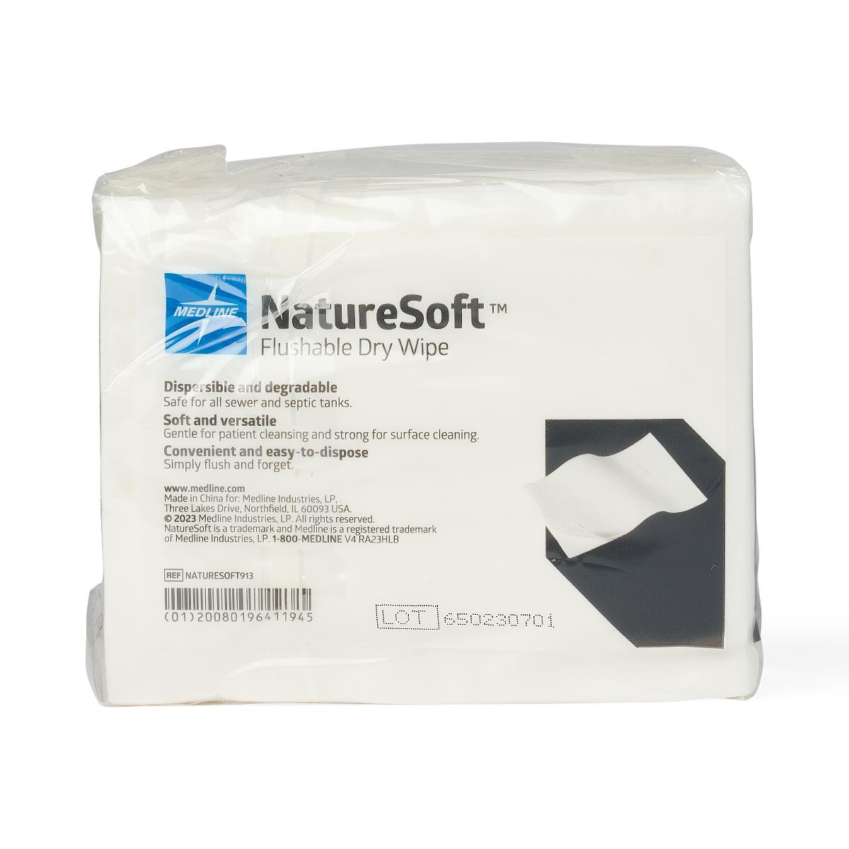 Medline NatureSoft Flushable Dry Cleansing Wipes, 8" x 10"