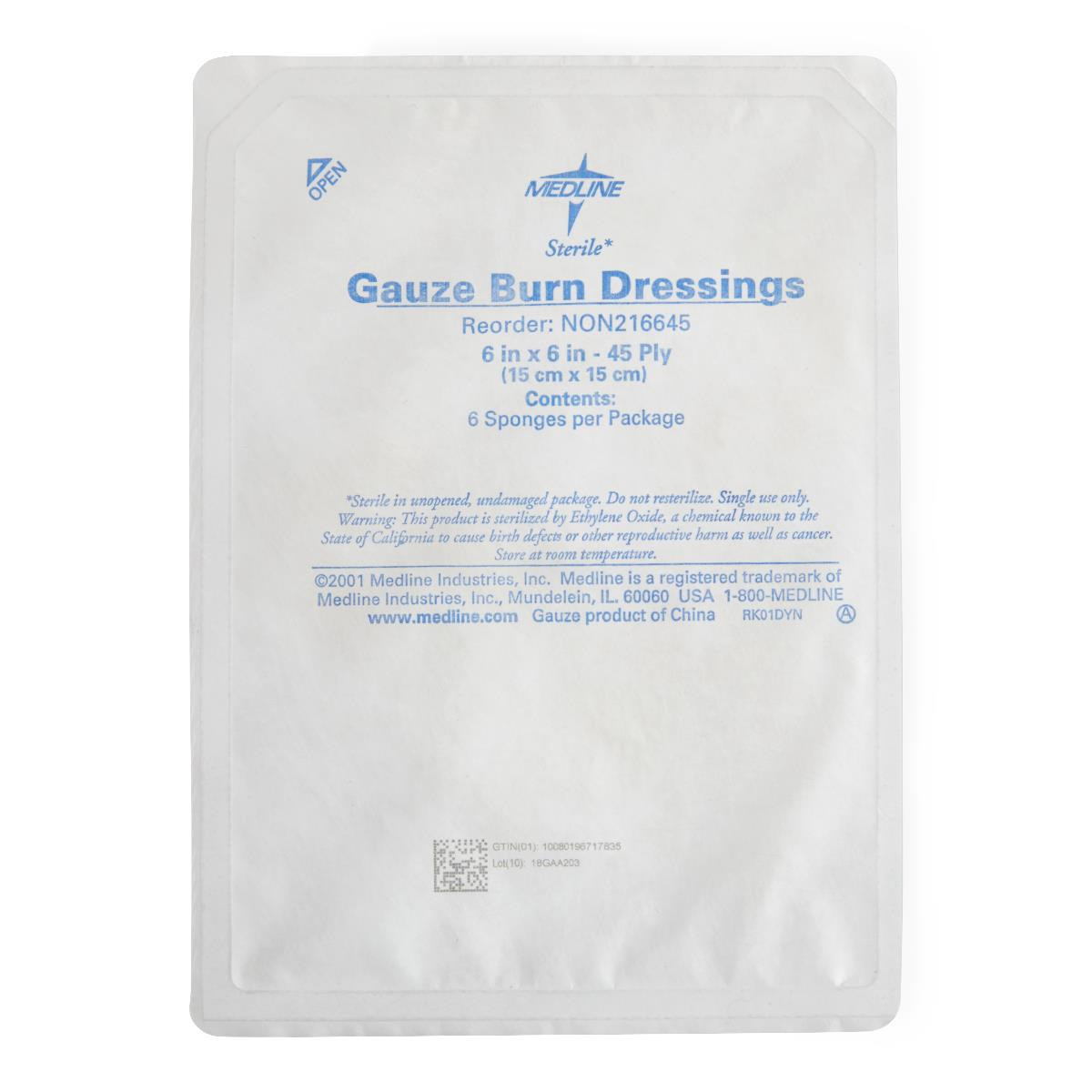 Medline Sterile Cotton Burn Dressing, 6" x 6", 45 Ply, 120/case