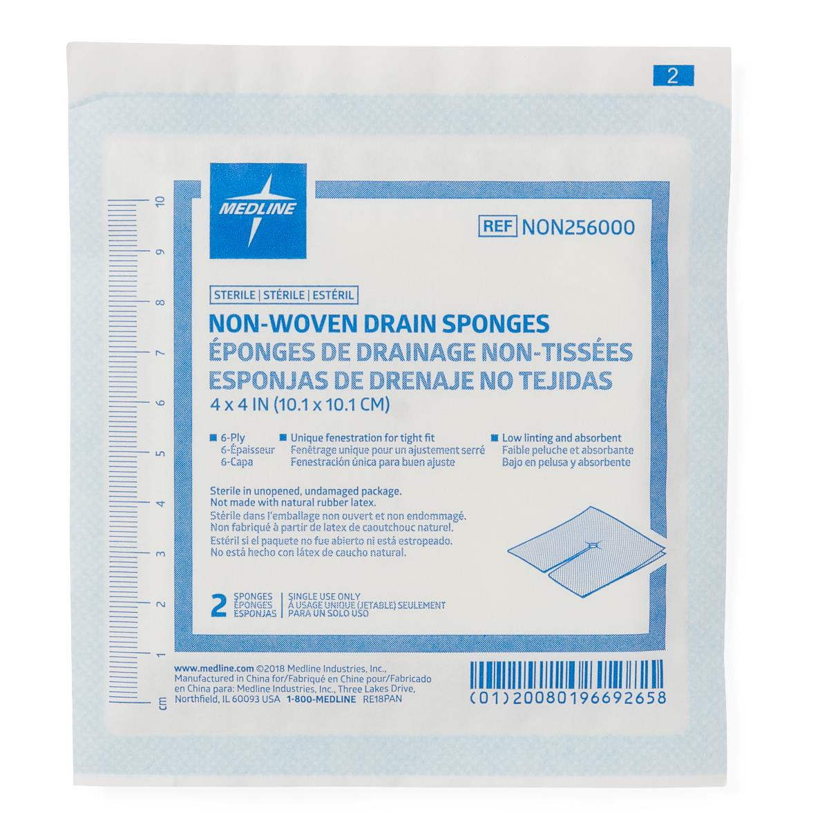 Medline Sterile 6-Ply Gauze Drain Sponges with Fenestration