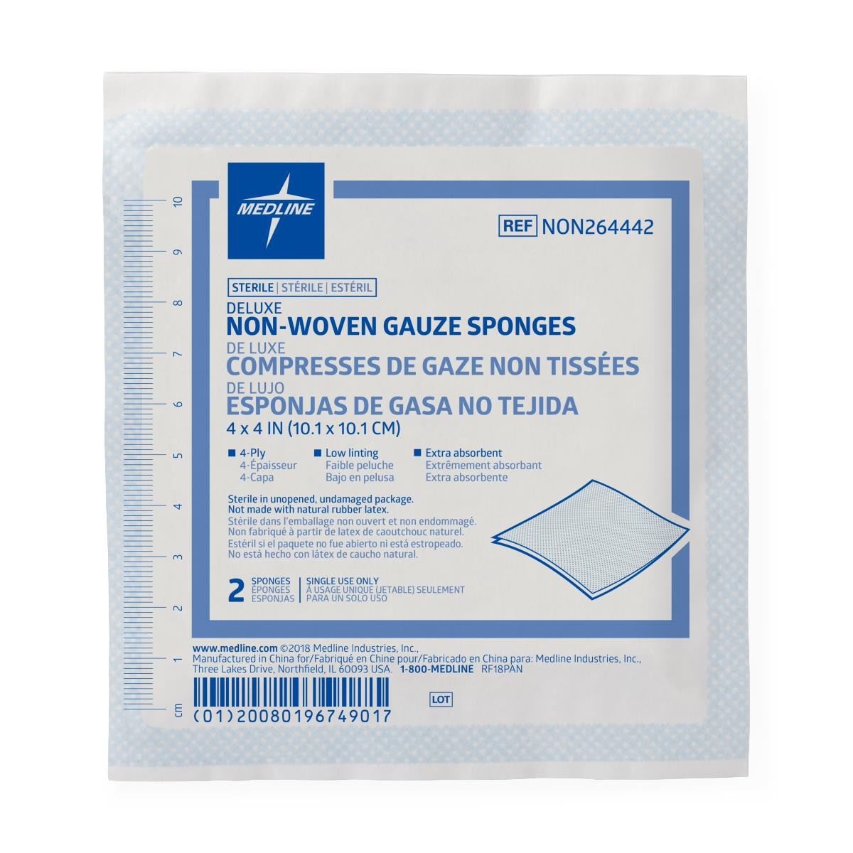 Medline Deluxe 4-Ply Sterile Nonwoven Gauze Sponge, 4" x 4"