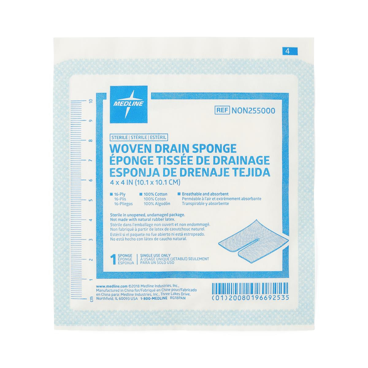 Medline Sterile Cotton Gauze Trach Sponge, 4" x 4"
