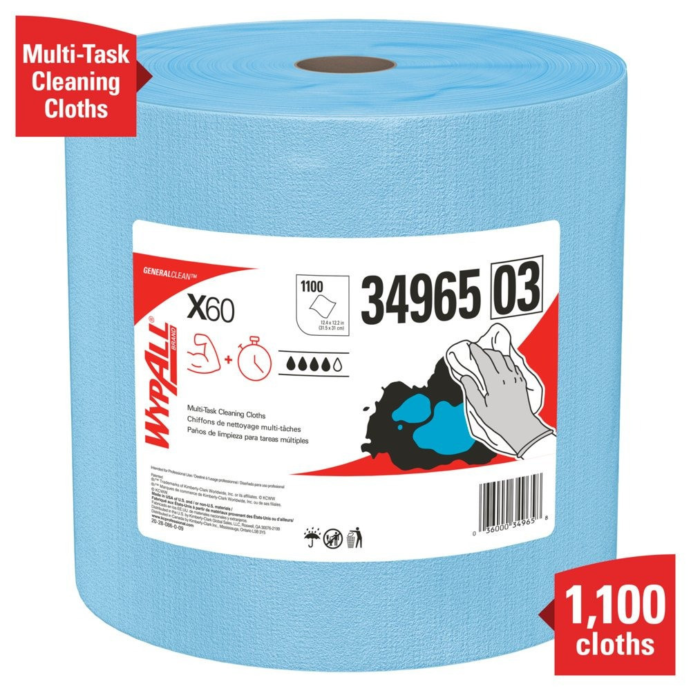 Wypall X60 Jumbo Roll Blue Wipes, 12.5" x 12.2", 1100/roll (KCC34965)