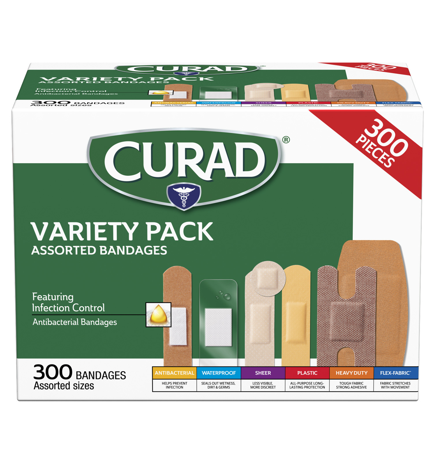 CURAD Bandage Variety Pack, Assorted Sizes, 300/box, 18 boxes