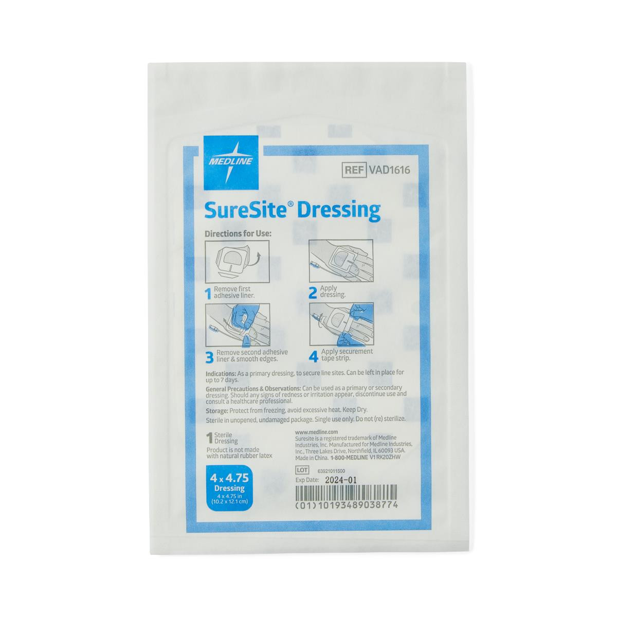 Medline SureSite Transparent IV Dressing, 4" x 4.75", 200/cs