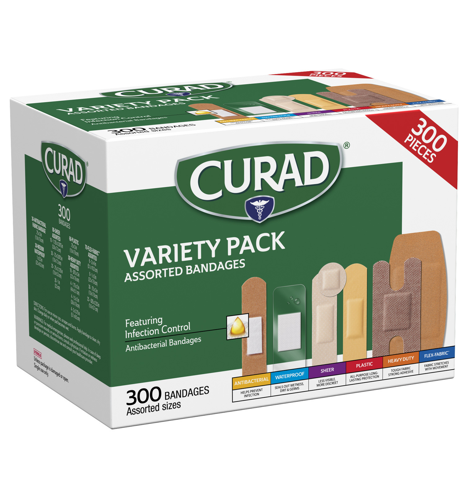 CURAD Bandage Variety Pack, Assorted Sizes, 300/box, 18 boxes