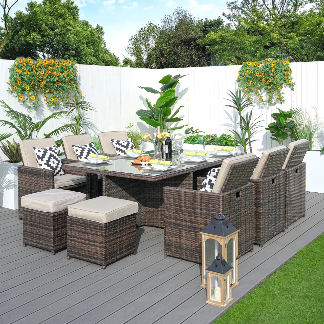 6 Seats Patio Dining Set Rectangular Dining Table with Chairs and Ottoman PAD 3234 SET