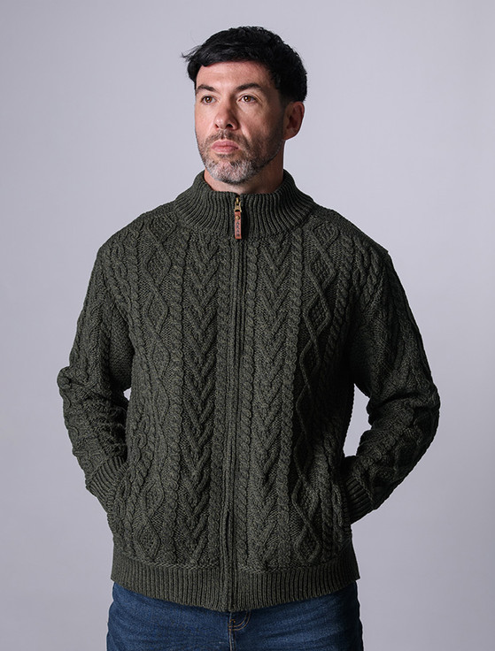 Full Zip Aran Cardigan with Patches | Aran Sweater Market
