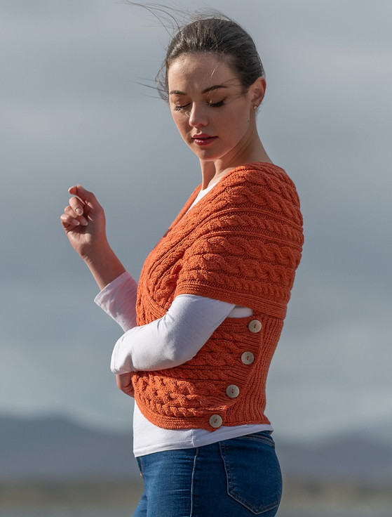 Merino Aran Cable Crossover Wrap with Buttons - Autumn Leaf