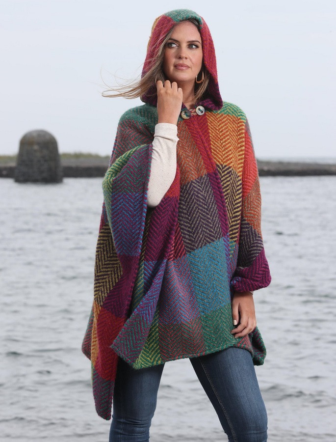 Sarah Hooded One Button Cape - Multi-Light Green