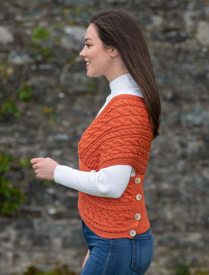 Merino Aran Cable Crossover Wrap with Buttons - Autumn Leaf